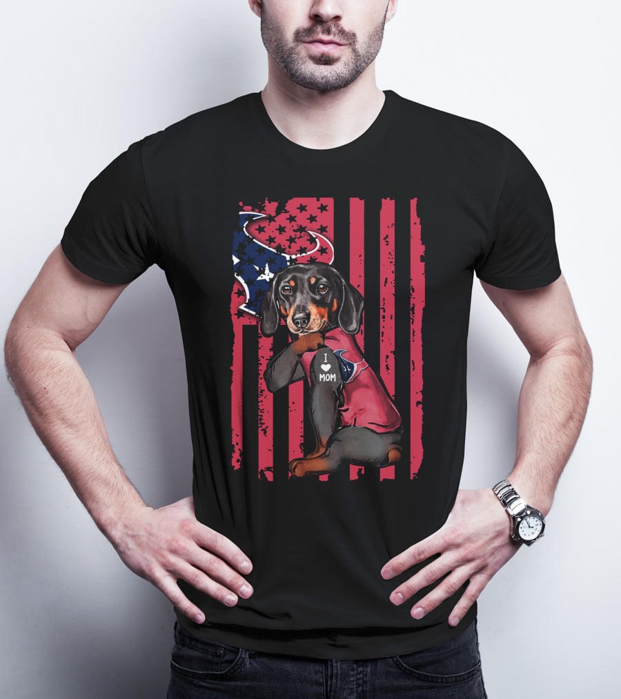 Dachshund I Love Mom Houston Texans Usa Flag Football T-Shirt