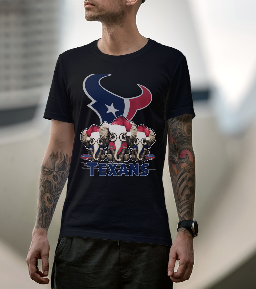 Houston Texans Elephant Xmas With Santa Hats And Glasses T-Shirt