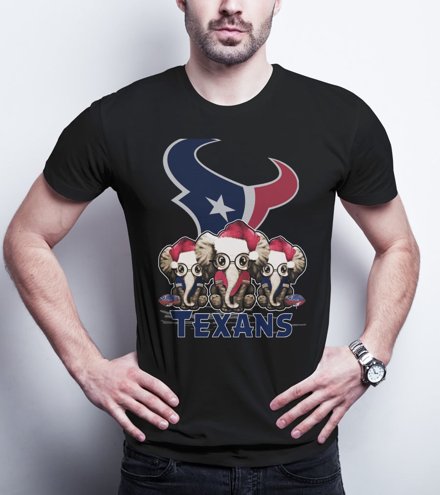 Houston Texans Elephant Xmas With Santa Hats And Glasses T-Shirt