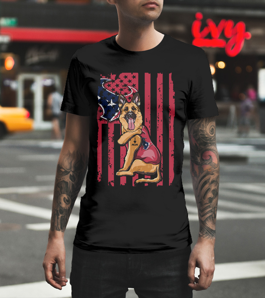 German Shepherd I Love Mom With American Flag And Houston Texans Stars T-Shirt