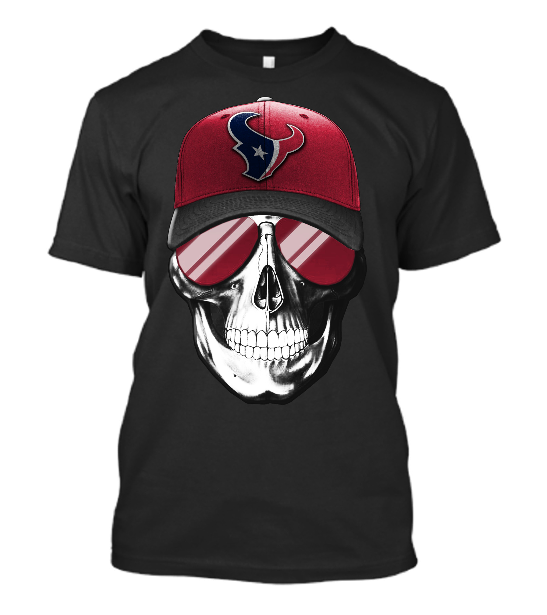 Skull With Red Cap Featuring Houston Texans Logo And Reflective Sunglasses T-Shirt
