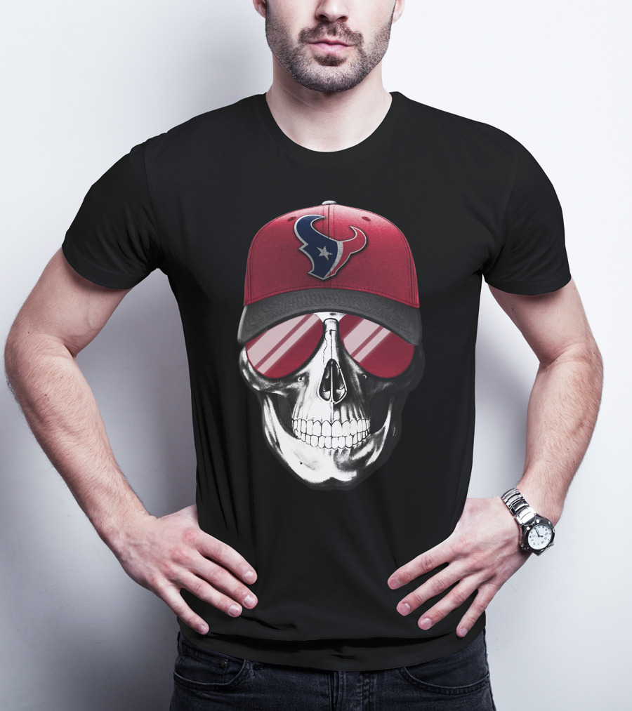 Skull With Red Cap Featuring Houston Texans Logo And Reflective Sunglasses T-Shirt