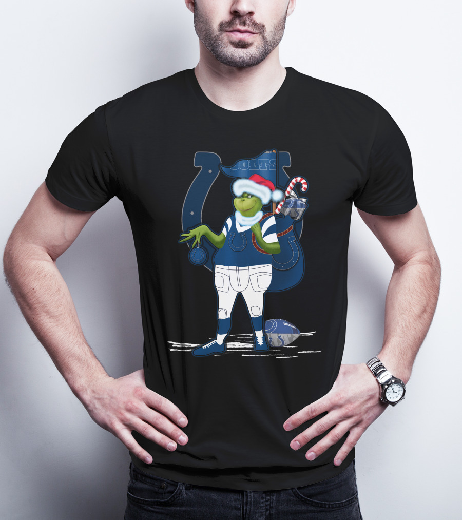 Grinchxmas Indianapolis Colts Santa Hat Candy Cane Football T-Shirt