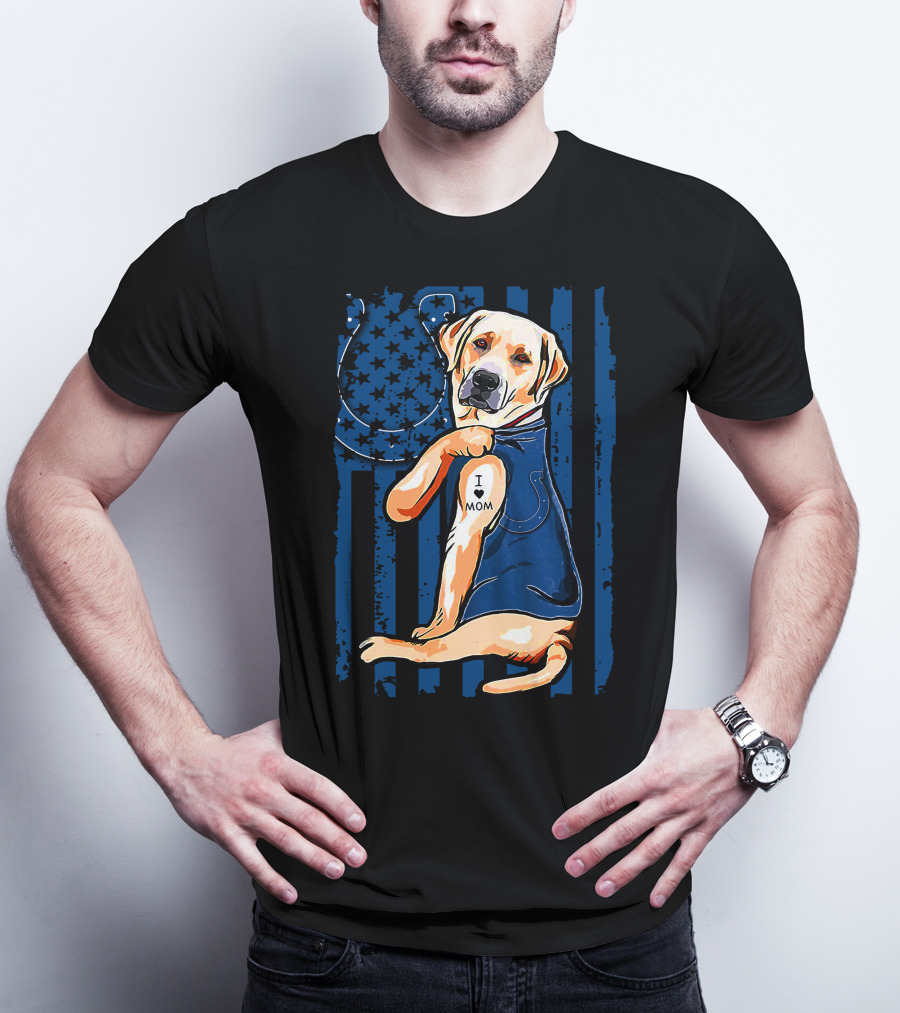 Labrador Retriever With Indianapolis Colts Horseshoe And I Love Mom Tattoo T-Shirt