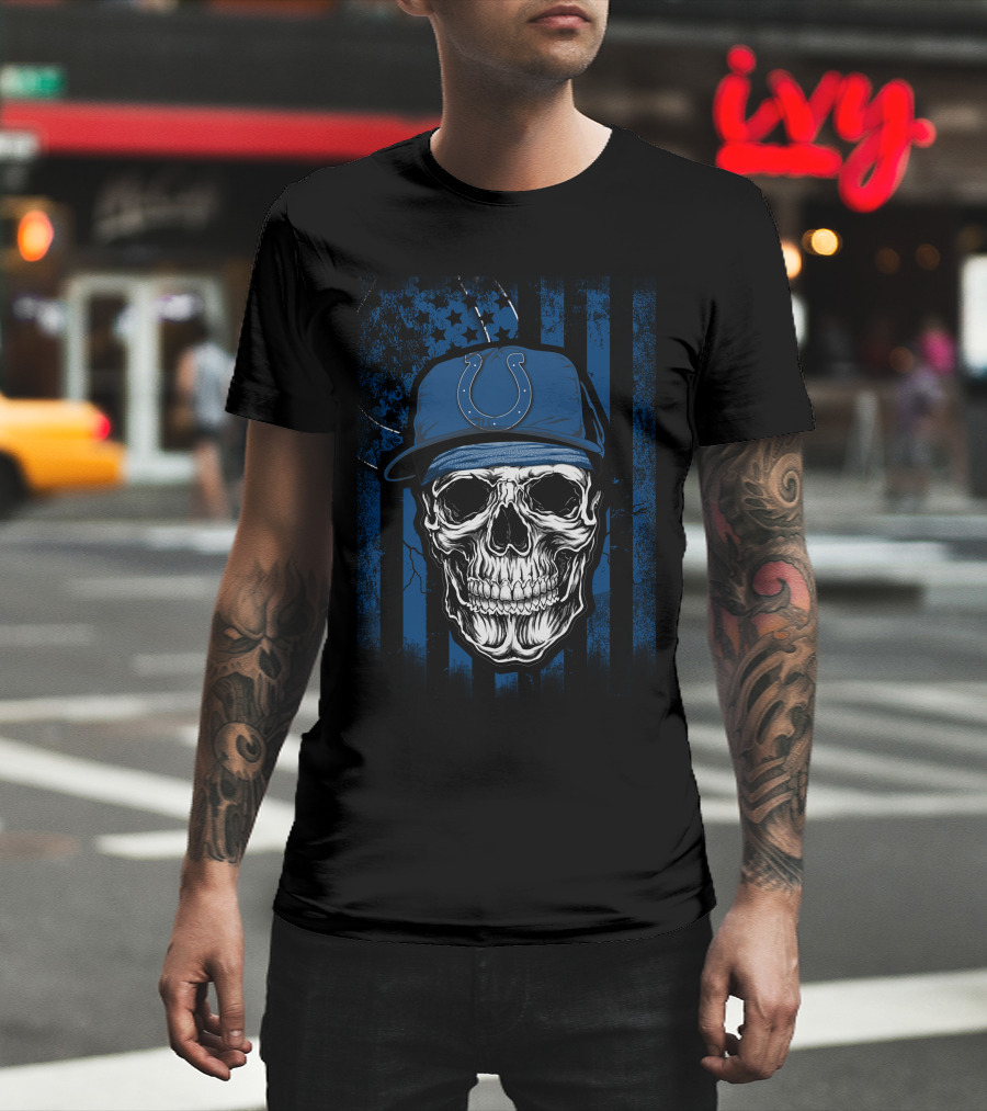 Indianapolis Colts Skull With Blue Flag Background T-Shirt