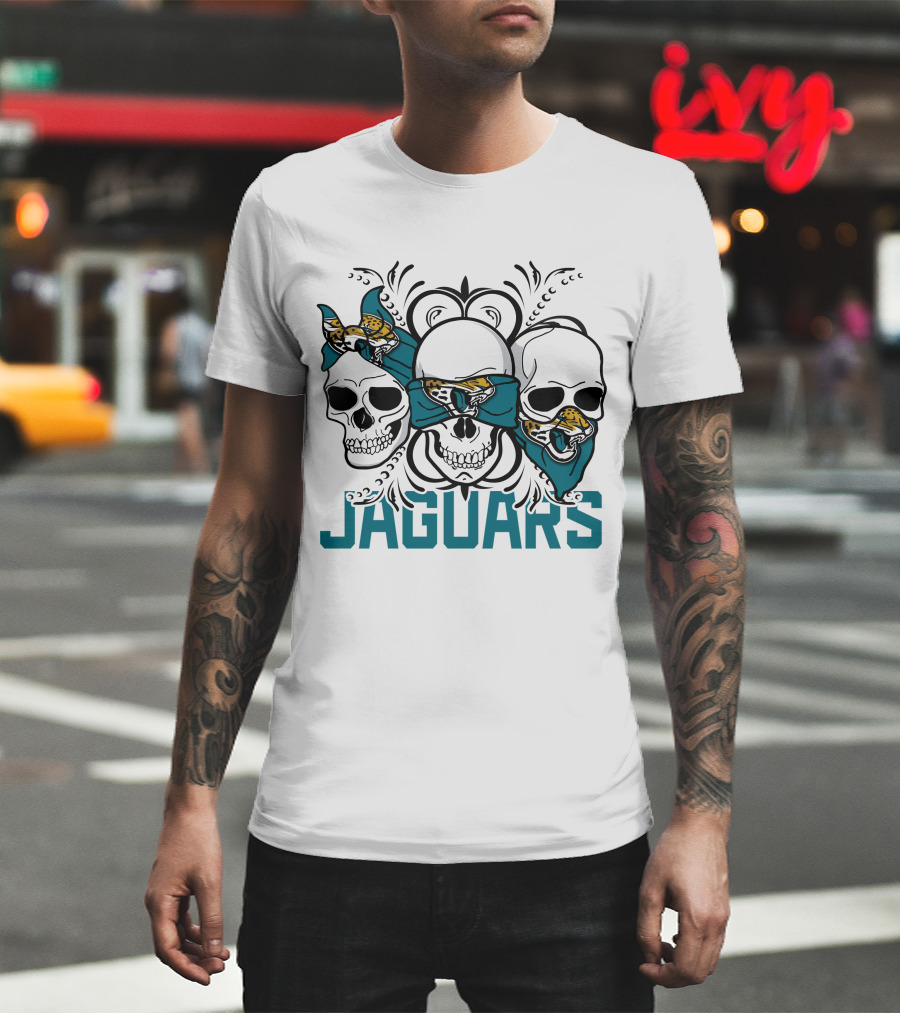 Jacksonville Jaguars Three Skull Teal Bandana T-Shirt