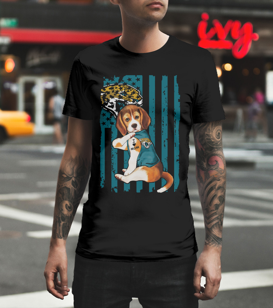 Beagle Wearing Jacksonville Jaguars Jersey With I Love Mom Tattoo And Jaguar T-Shirt