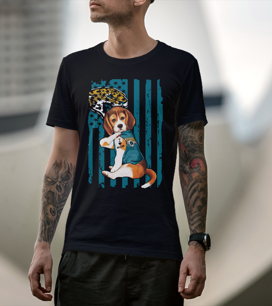 Beagle Wearing Jacksonville Jaguars Jersey With I Love Mom Tattoo And Jaguar T-Shirt