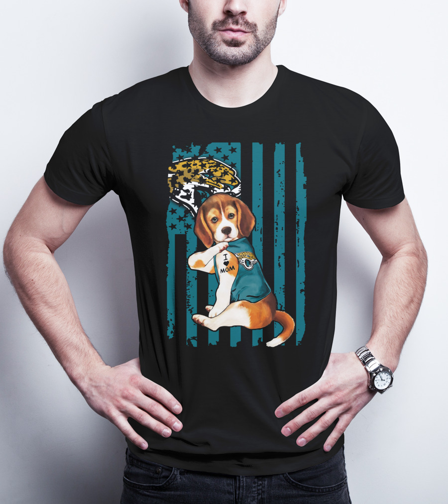 Beagle Wearing Jacksonville Jaguars Jersey With I Love Mom Tattoo And Jaguar T-Shirt