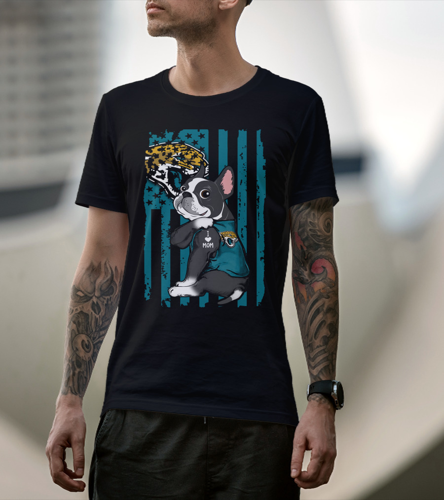 Boston Terrier I Love Mom Jacksonville Jaguars Fan Flag T-Shirt