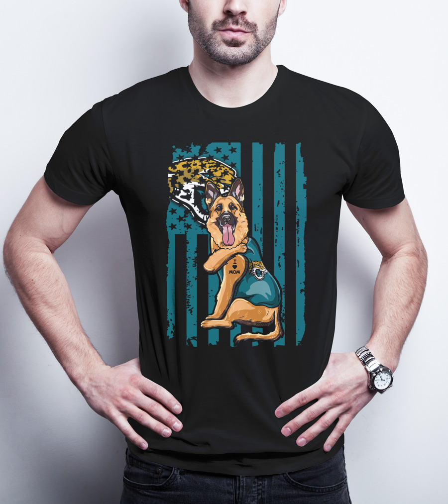 German Shepherd With Jacksonville Jaguars Tattoo And Flag Background T-Shirt