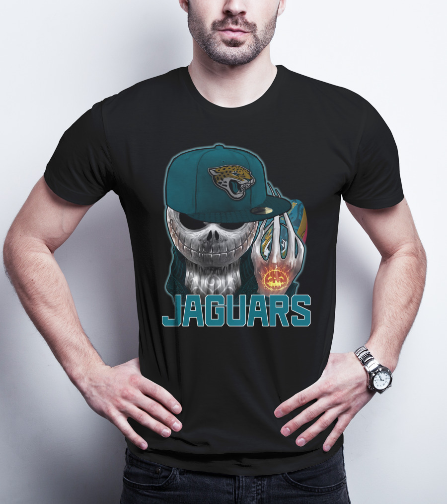 Jackskull Jaguars Halloween Skull Holding Pumpkin With Jaguars Logo Hat T-Shirt