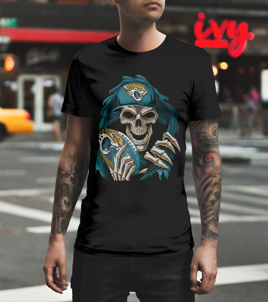 Skullbong Jacksonville Jaguars Skeleton With Football T-Shirt