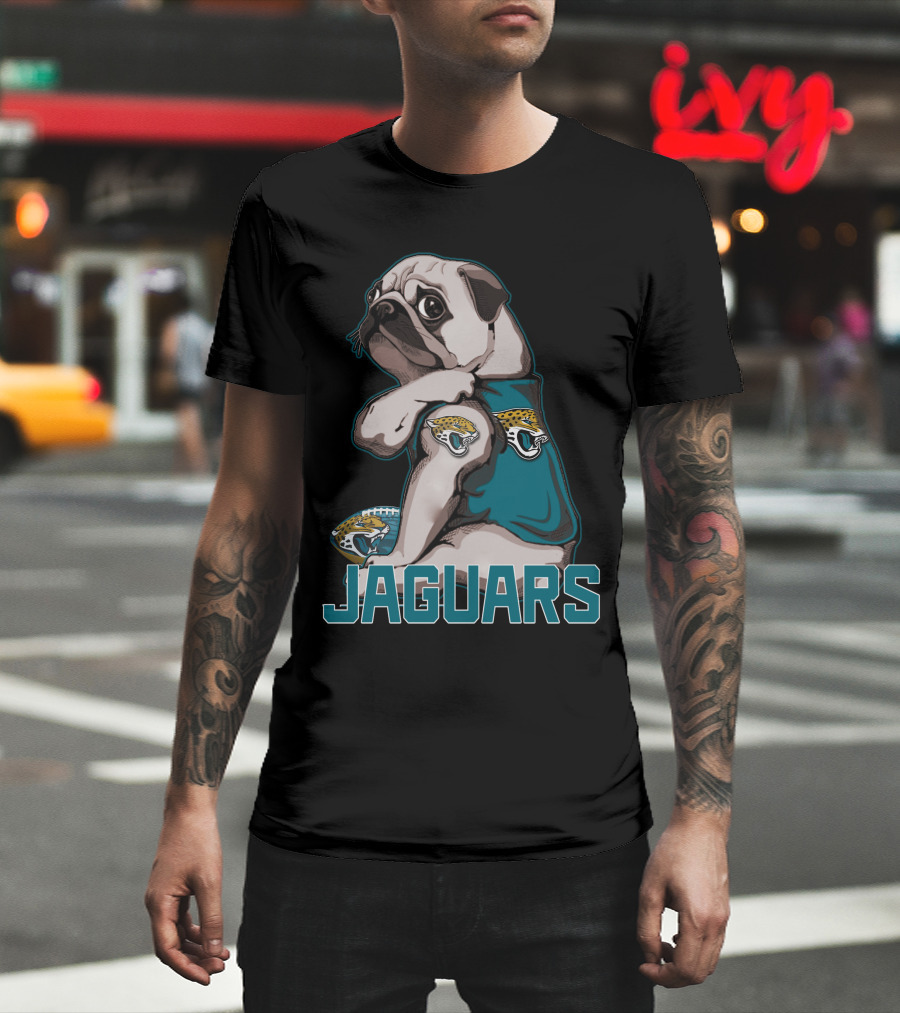 Jaguars Pug Wearing Jacksonville Logo Shirt With Team Football T-Shirt