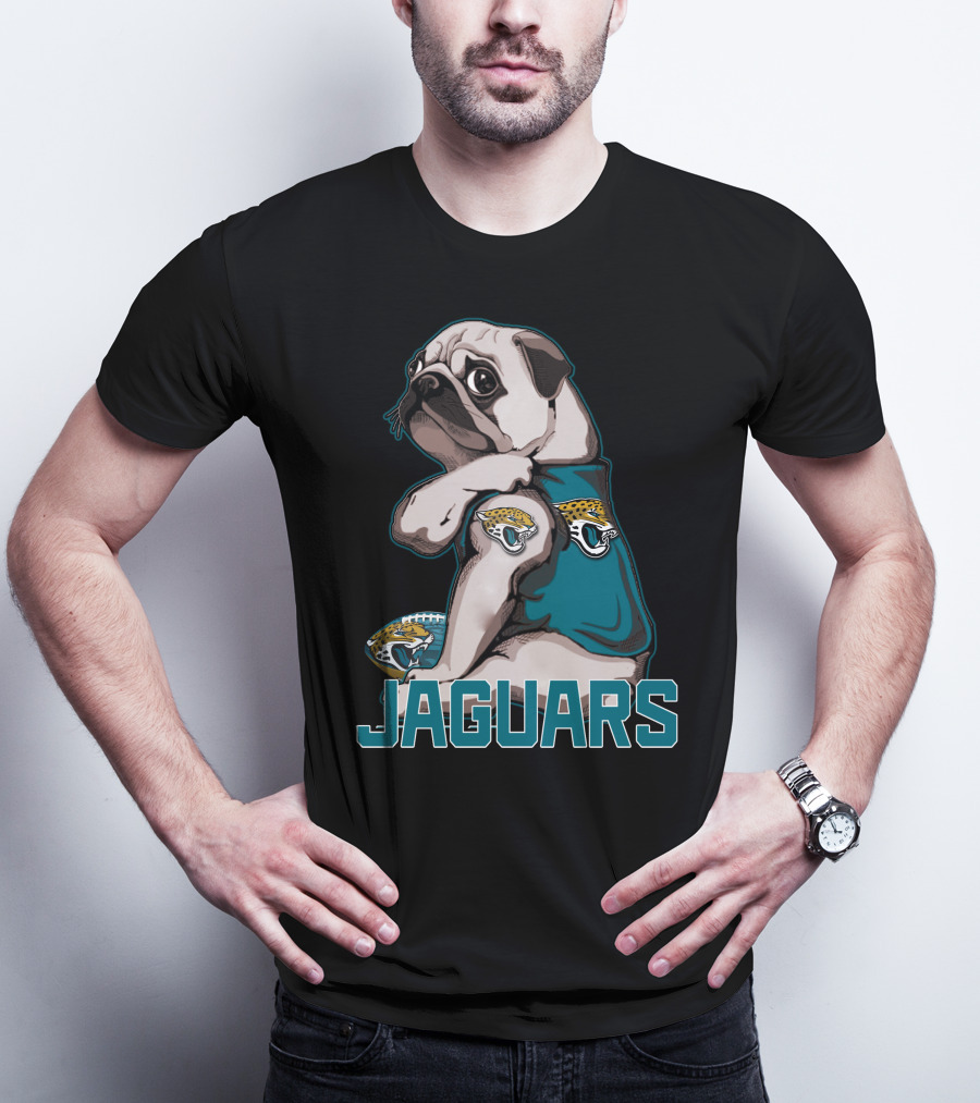 Jaguars Pug Wearing Jacksonville Logo Shirt With Team Football T-Shirt