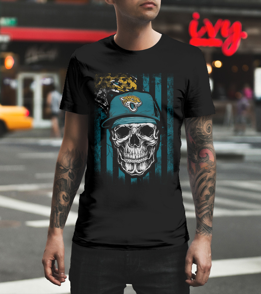 Skull In Jacksonville Jaguars Cap With Teal Stripes T-Shirt