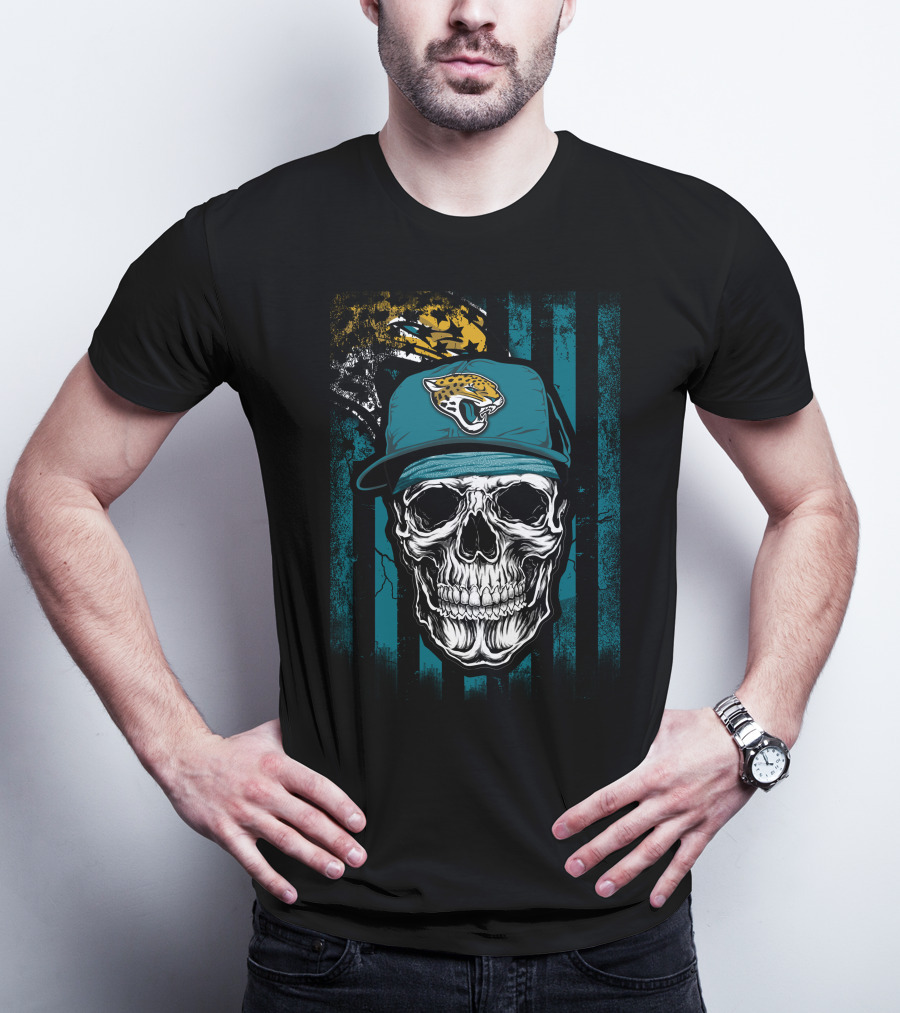Skull In Jacksonville Jaguars Cap With Teal Stripes T-Shirt