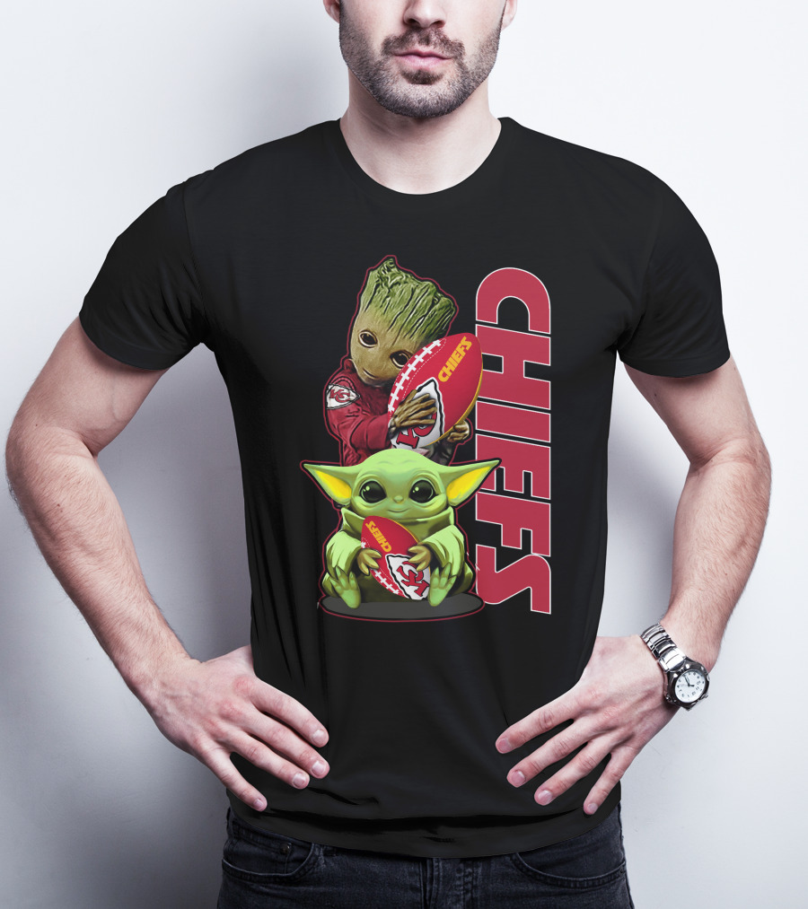 Grzd Chiefs Kansas City Groot And Baby Yoda Football T-Shirt