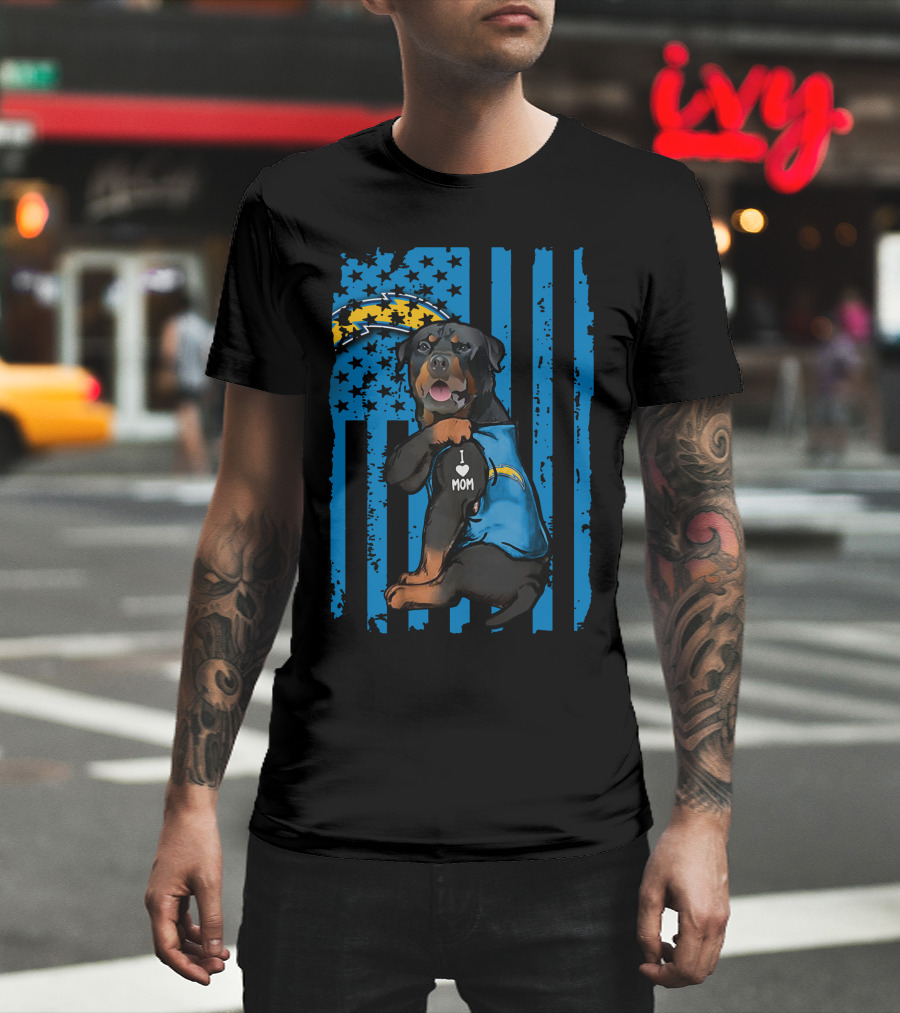 Rottweiler I Love Mom Los Angeles Chargers Blue Flag T-Shirt