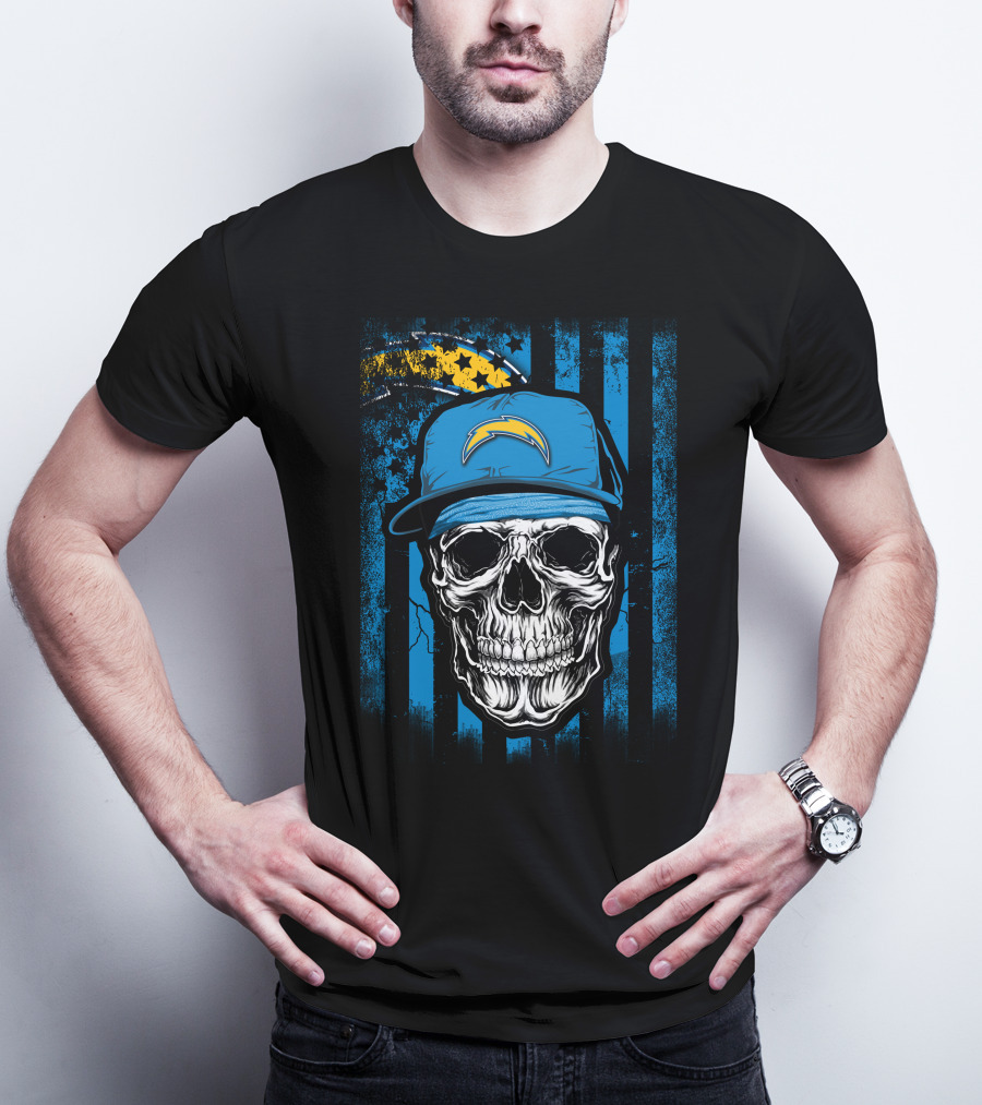 Skull With Los Angeles Chargers Lightning Bolt Hat On T-Shirt