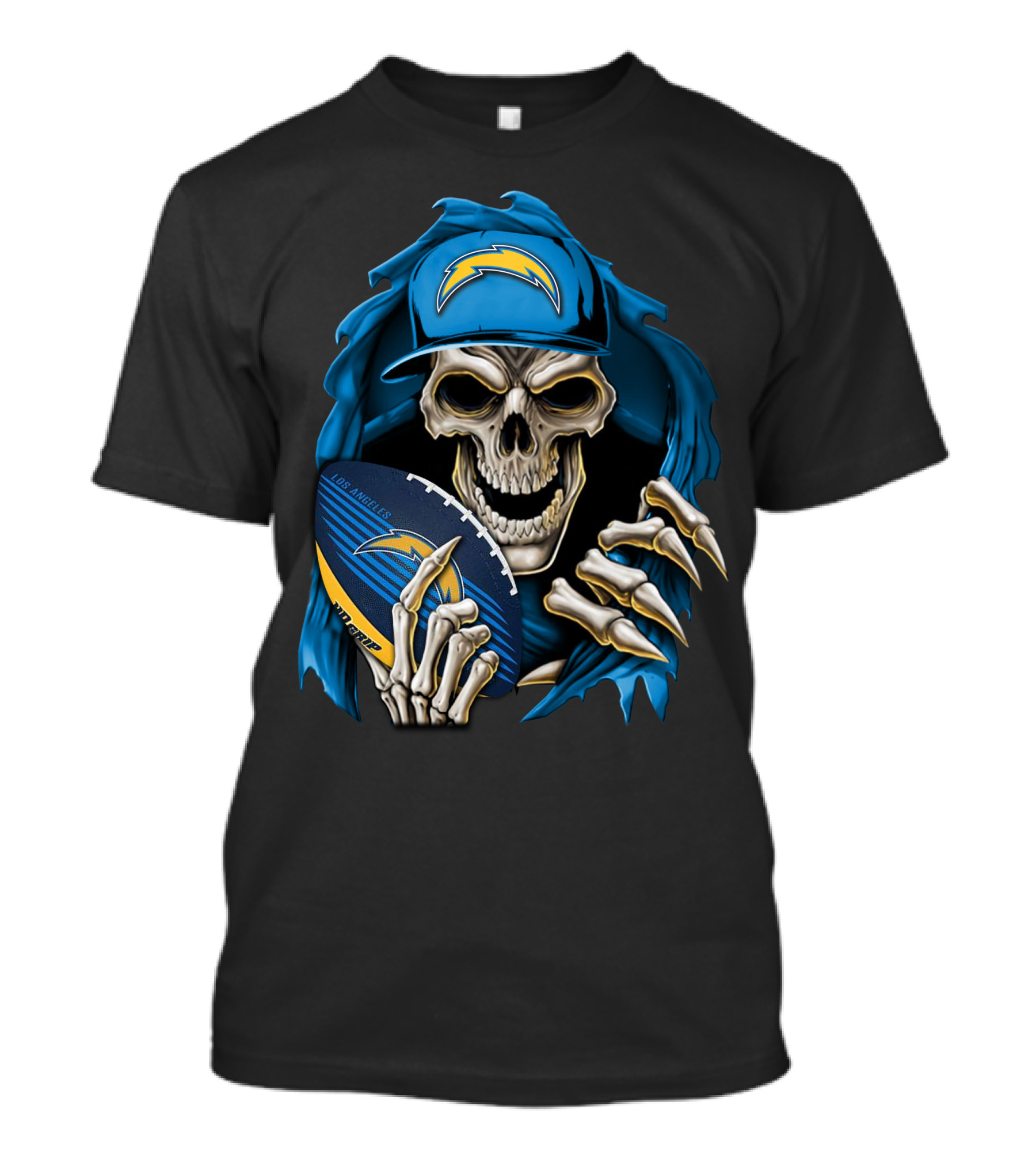 Skullbong Los Angeles Chargers Skeleton Holding Football With Blue Hood And Cap T-Shirt