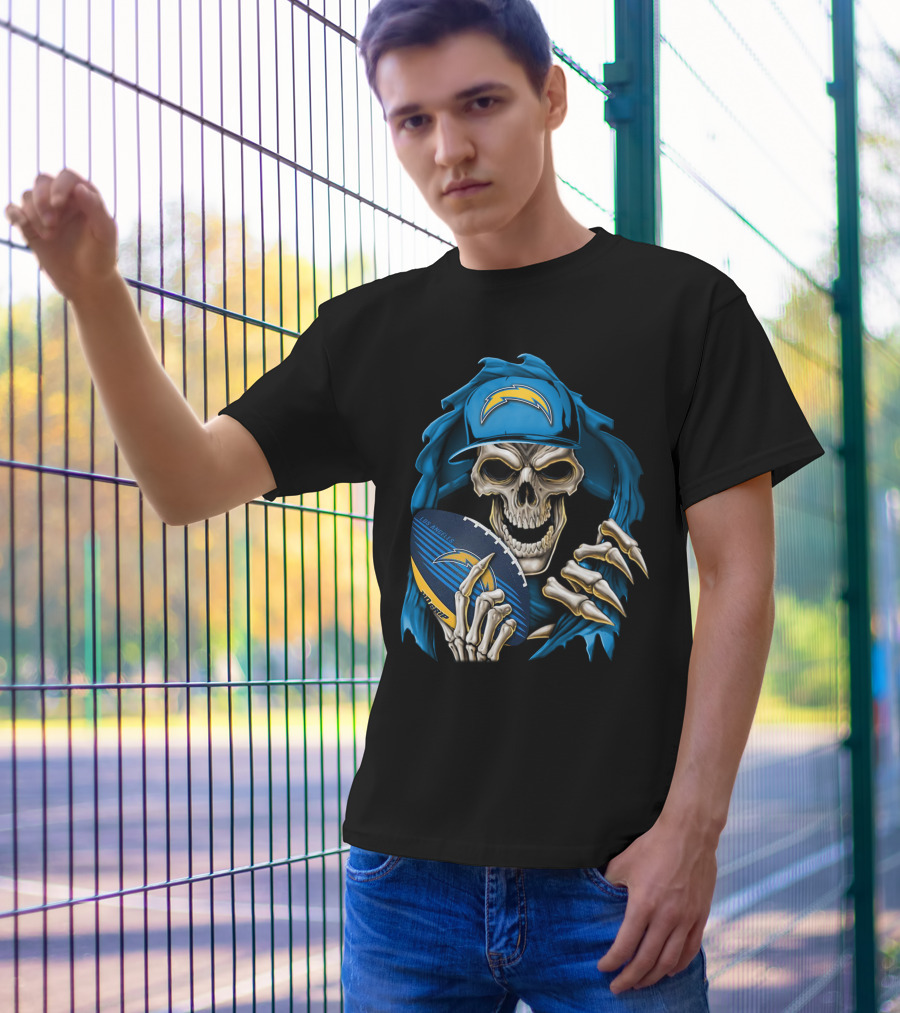 Skullbong Los Angeles Chargers Skeleton Holding Football With Blue Hood And Cap T-Shirt