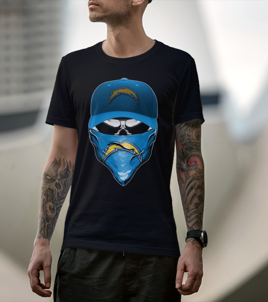Skull Wearing Los Angeles Chargers Cap And Bandana T-Shirt