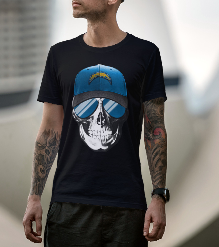 Skull Wearing Los Angeles Chargers Cap With Blue Sunglasses T-Shirt