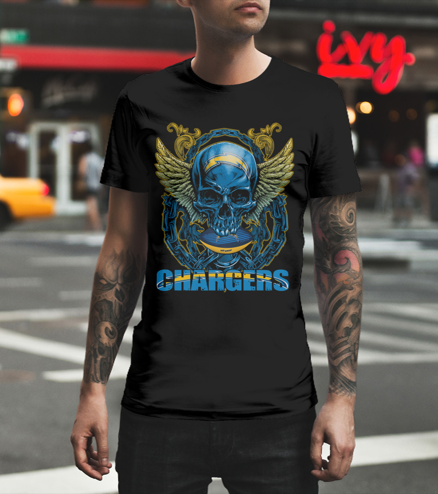 Skullfb Chargers Los Angeles Winged Skull Football Helmet And Chains T-Shirt