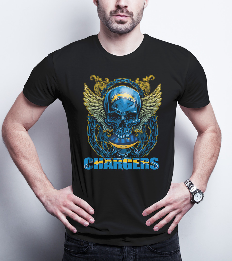 Skullfb Chargers Los Angeles Winged Skull Football Helmet And Chains T-Shirt