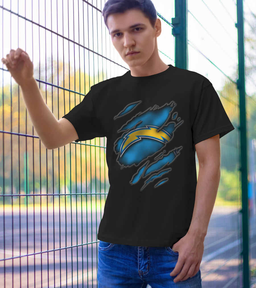 Torn Los Angeles Chargers Lightning Bolt Ripped Blue Claw Marks T-Shirt