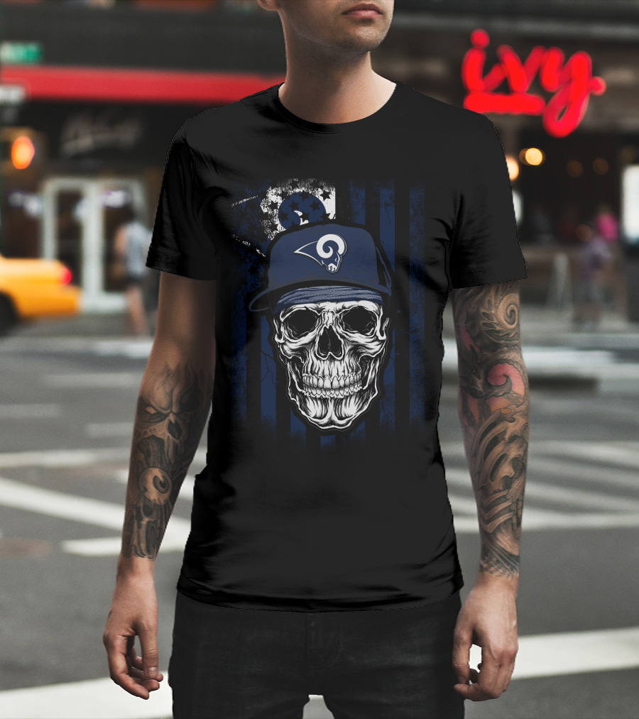 Skull With Los Angeles Rams Cap On American Flag Background T-Shirt