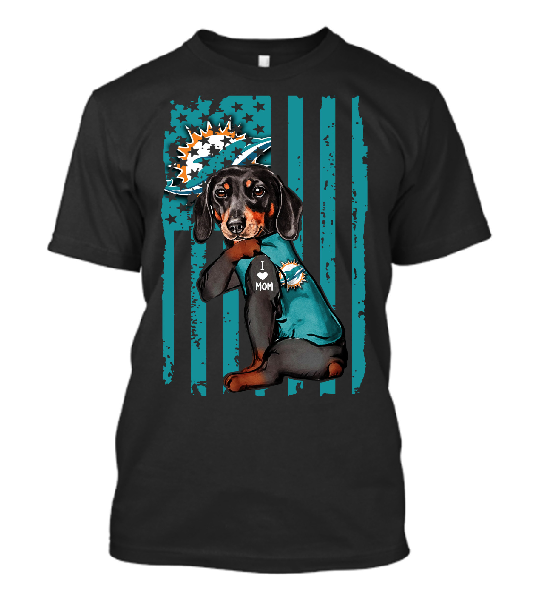 Dachshund I Love Mom Miami Dolphins Football Fan T-Shirt