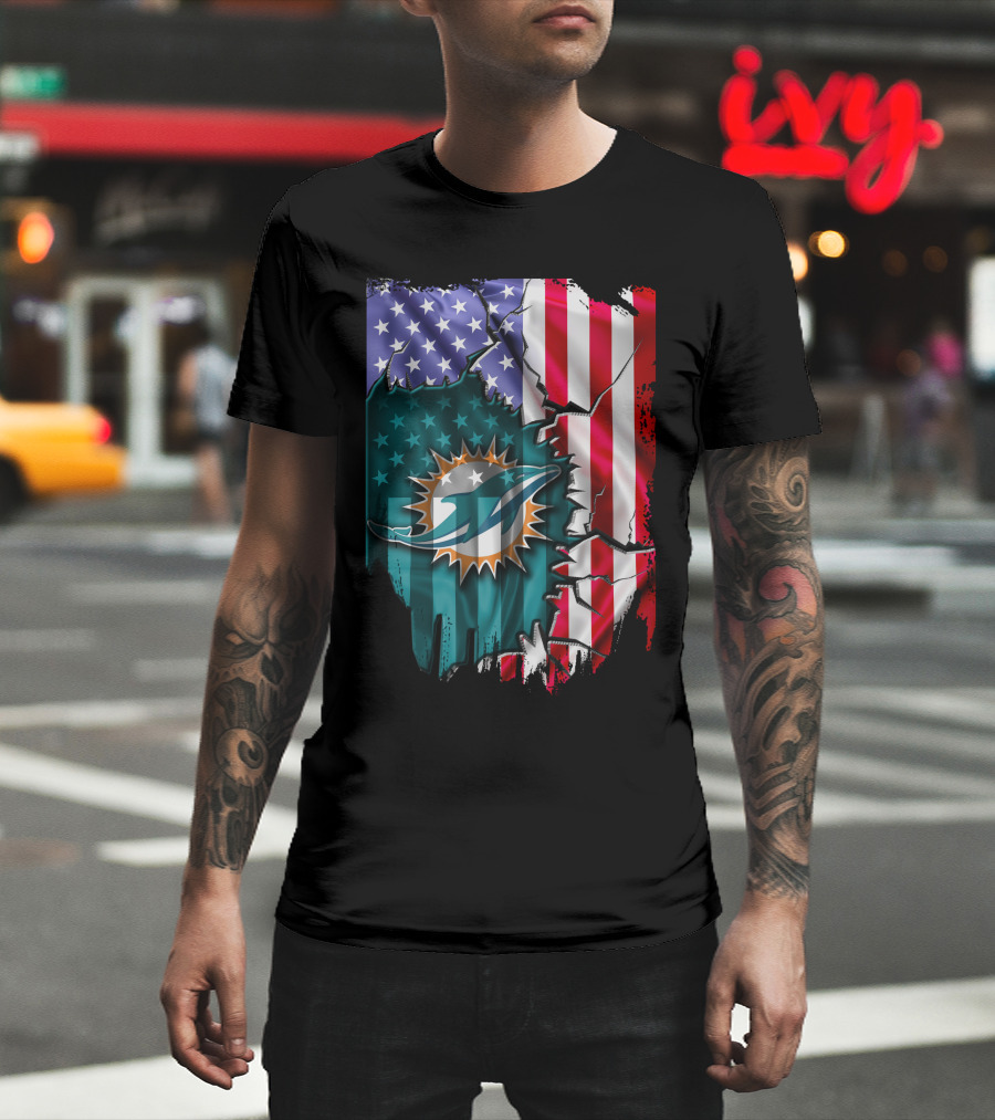 USA Flag Miami Dolphins Logo Cracked Effect T-Shirt