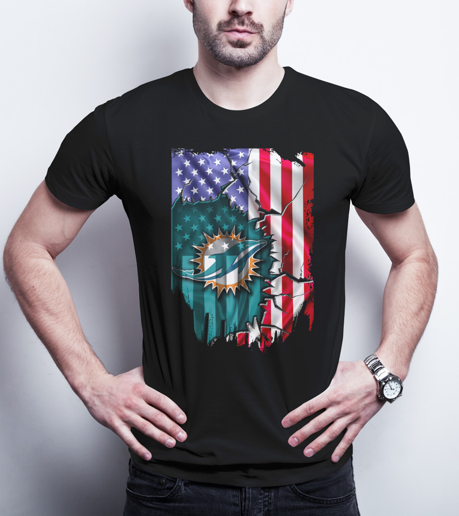 USA Flag Miami Dolphins Logo Cracked Effect T-Shirt