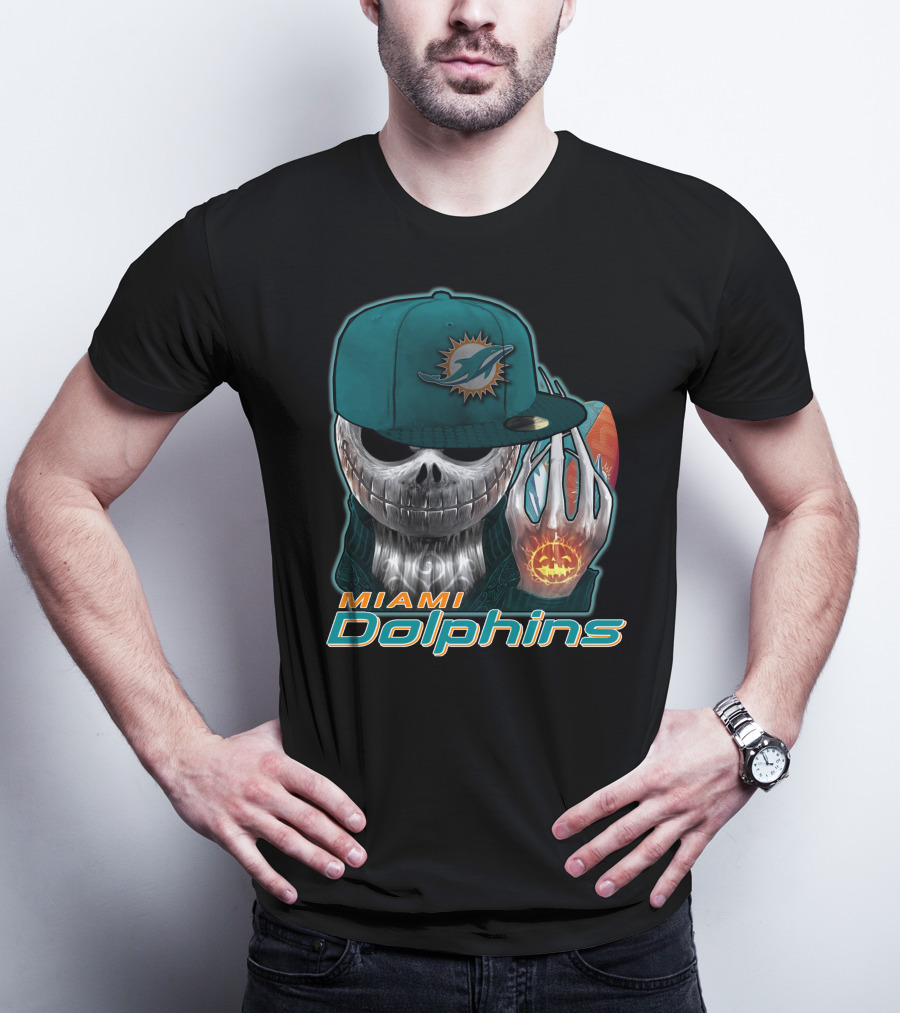 Miami Dolphins Skull With Jack-O'-Lantern Glove T-Shirt
