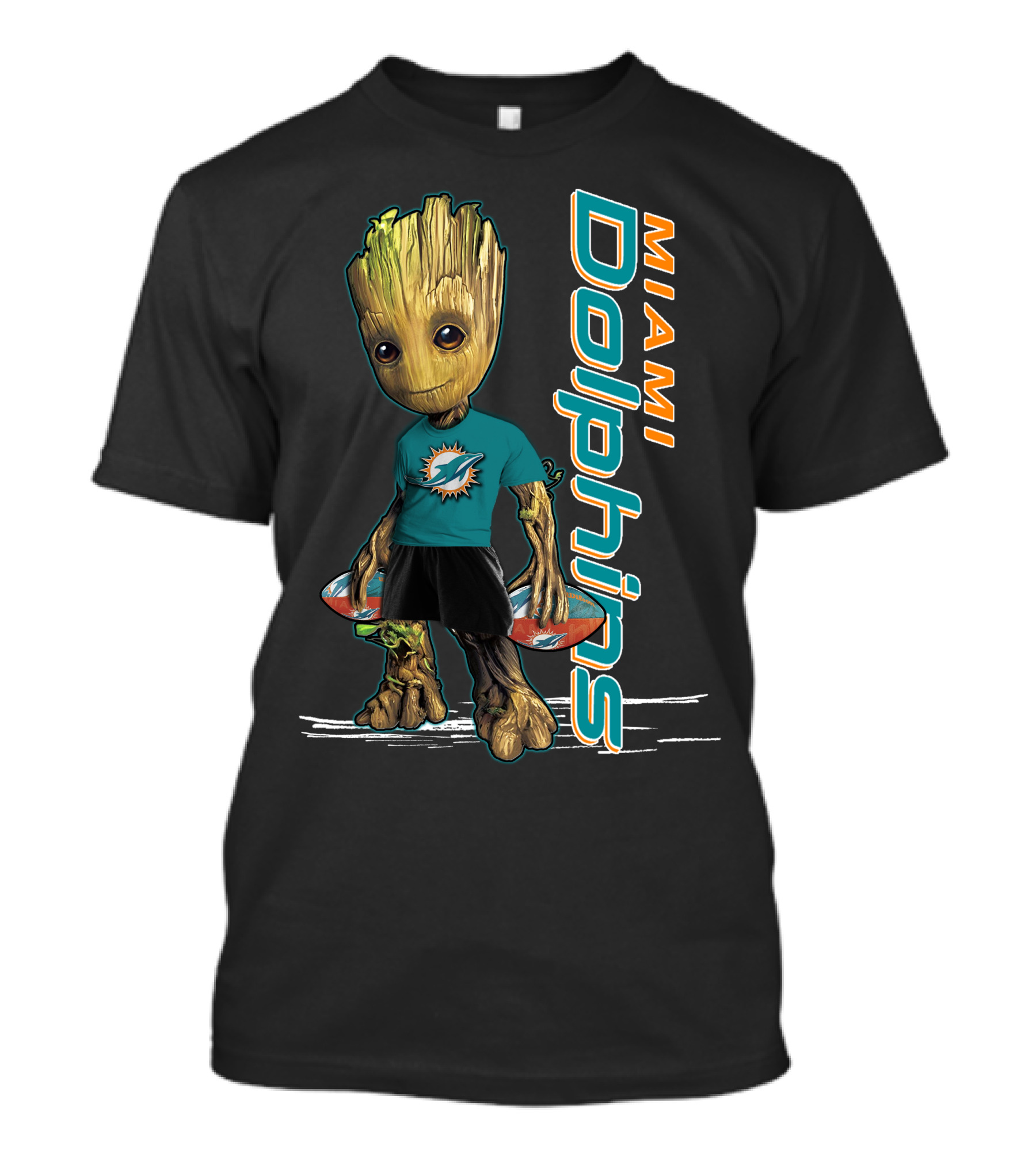 Groot Wearing Miami Dolphins Merchandise With Team Logo And Sports T-Shirt