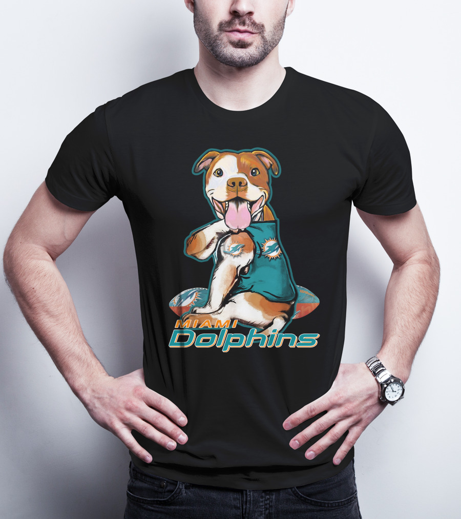 Pittbull Wearing Miami Dolphins Jersey With Logo And Football T-Shirt