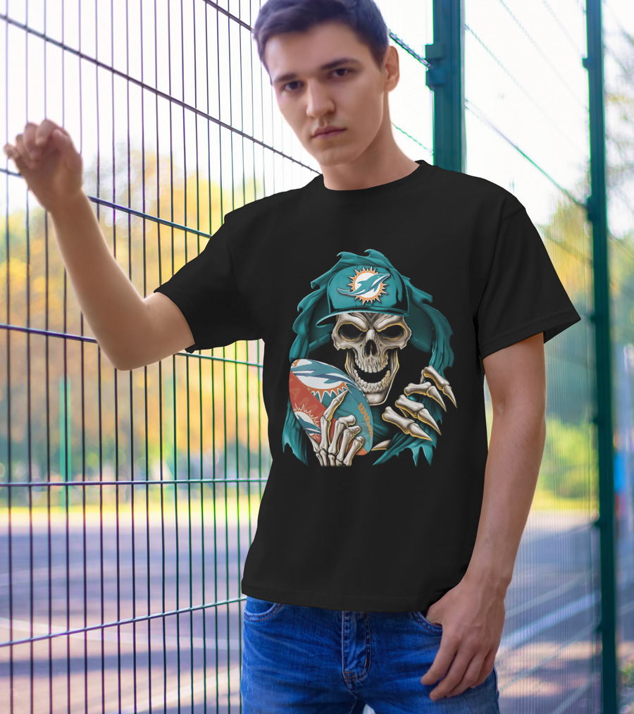 Skullbong Miami Dolphins Football Skeleton T-Shirt