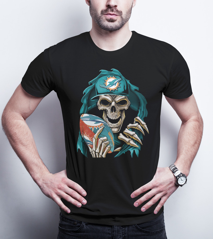 Skullbong Miami Dolphins Football Skeleton T-Shirt