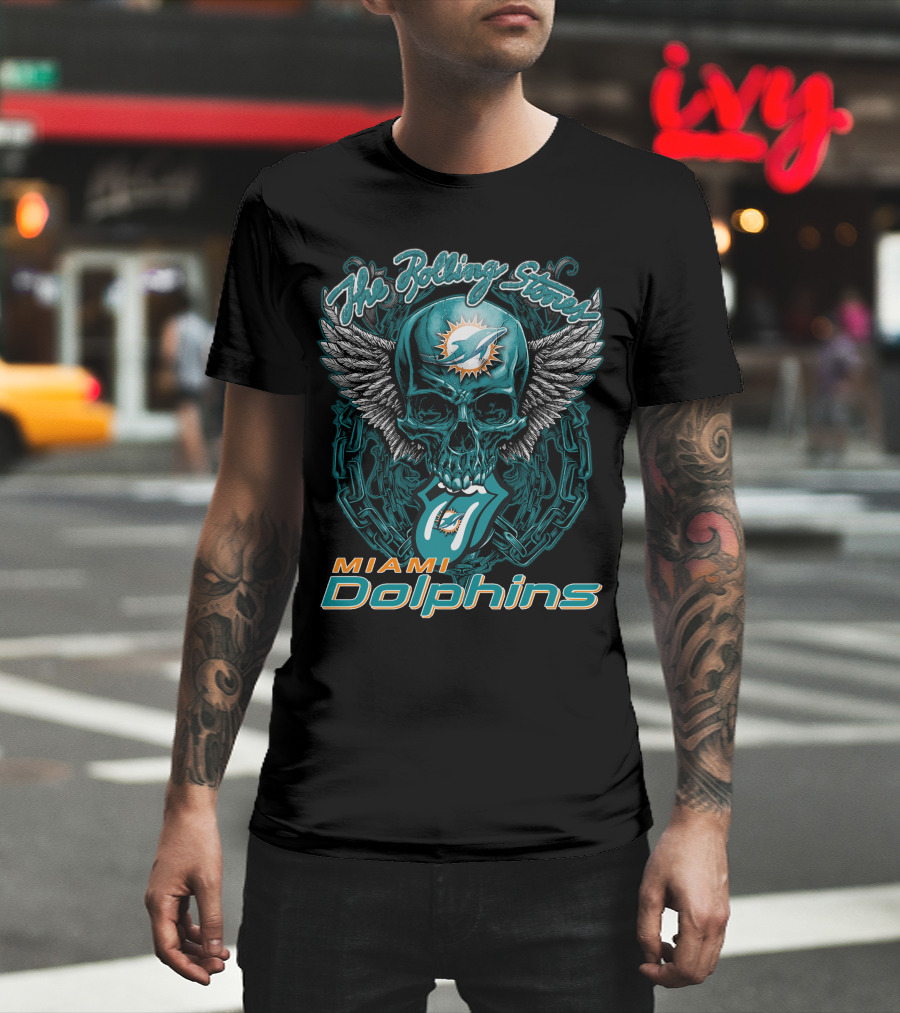 The Rolling Stones Miami Dolphins Skull With Wings Iconic Tongue T-Shirt