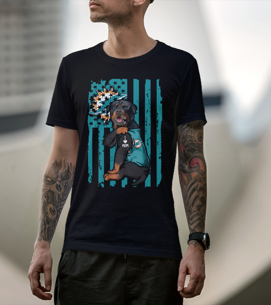 Rottweiler I Love Mom Miami Dolphins Fan Flag T-Shirt
