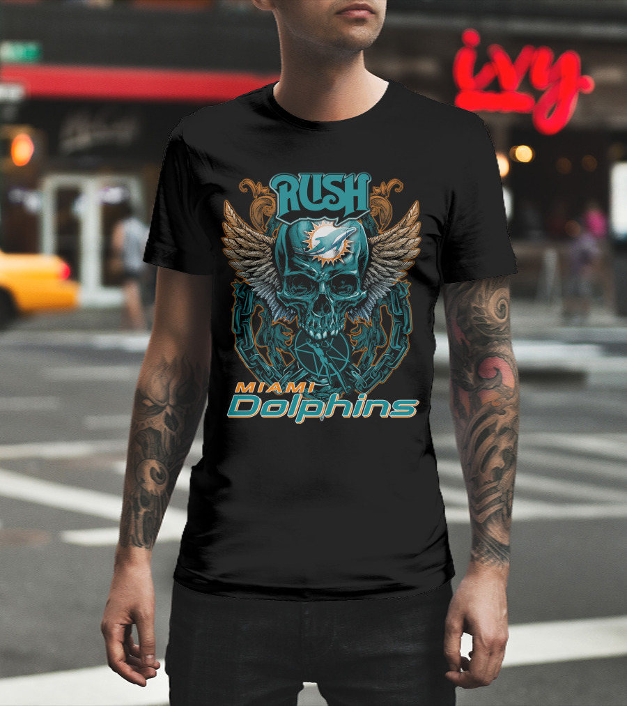 RUSH Miami Dolphins Skull Wings Chain T-Shirt