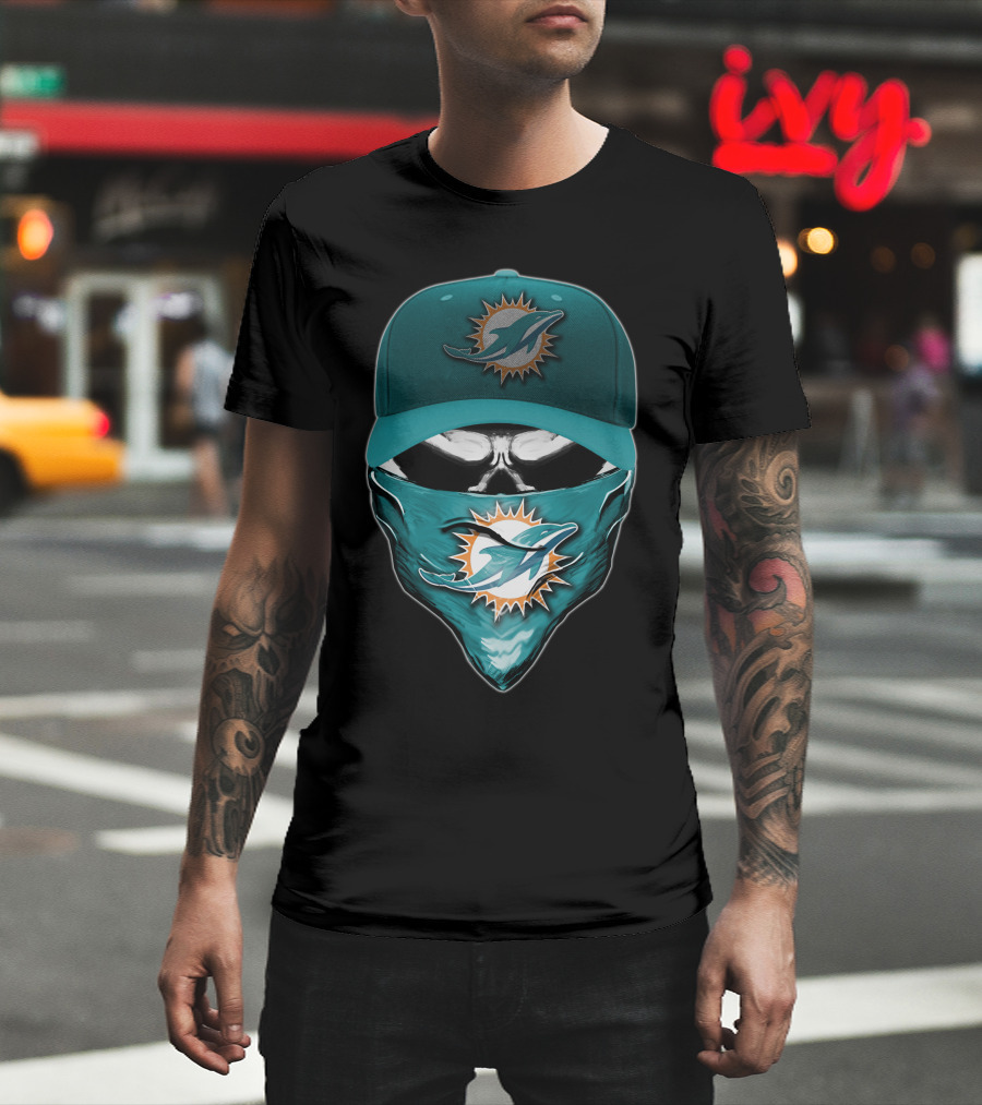 Skull Miami Dolphins Logo Hat And Bandana T-Shirt