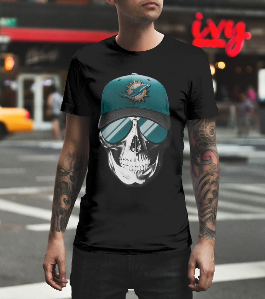 Skull With Miami Dolphins Hat And Sunglasses T-Shirt