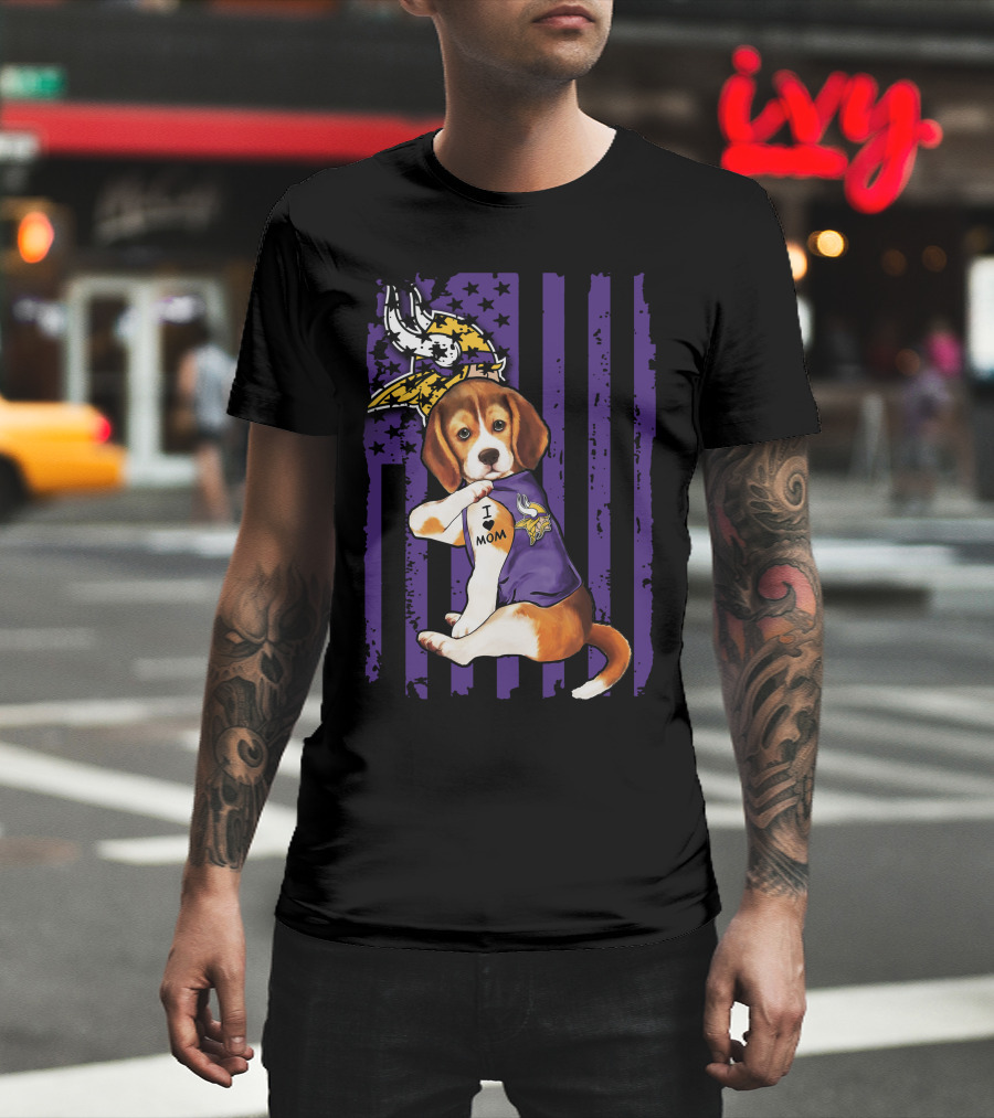 Beagle I Love Mom Minnesota Vikings Purple Flag T-Shirt