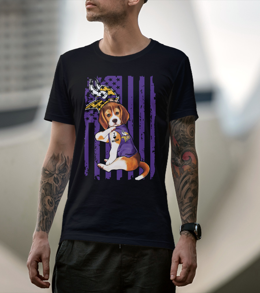 Beagle I Love Mom Minnesota Vikings Purple Flag T-Shirt