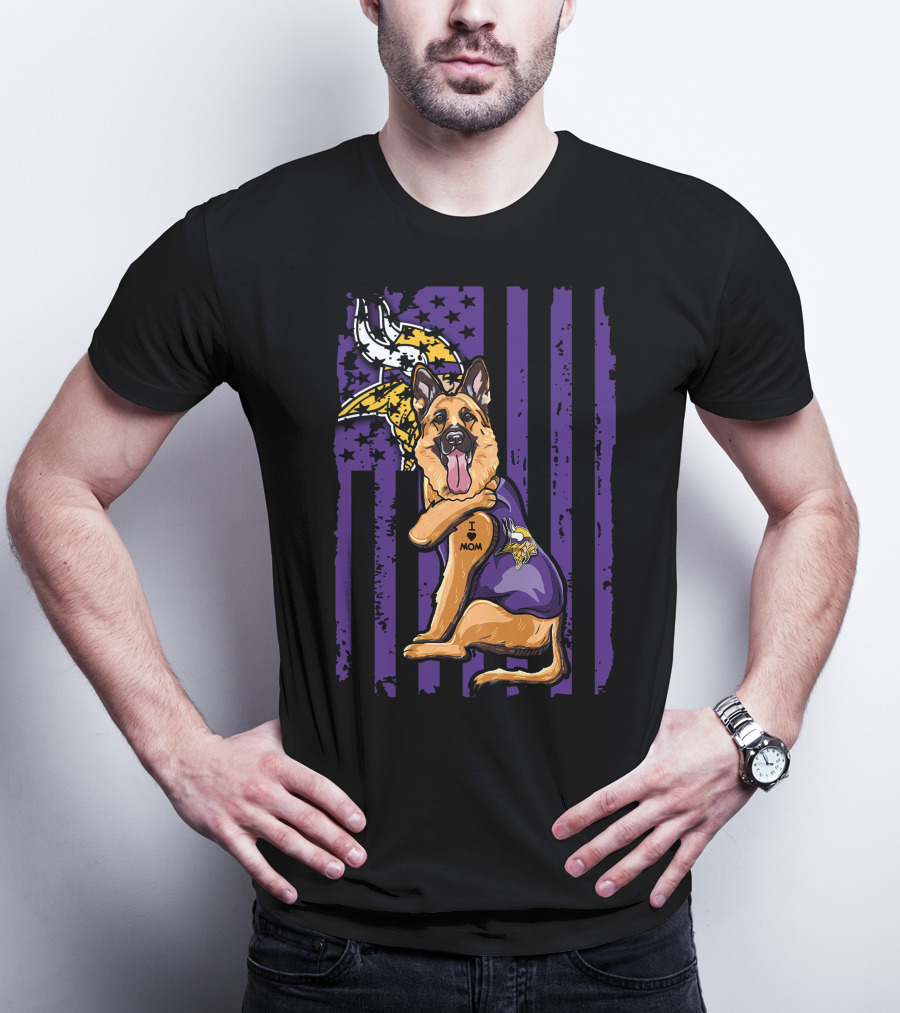 German Shepherd Minnesota Vikings Dog Wearing Jersey With Vikings Logo And I Love Mom Tattoo T-Shirt