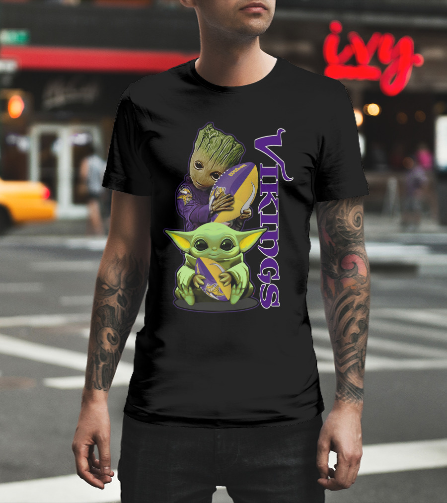 Grzd Minnesota Vikings Groot And Baby Yoda Football Fan T-Shirt