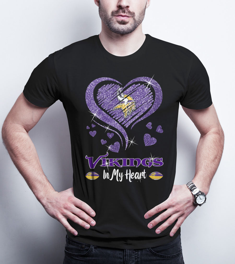 Vikings In My Heart Minnesota Vikings Logo Purple Sparkling Hearts T-Shirt